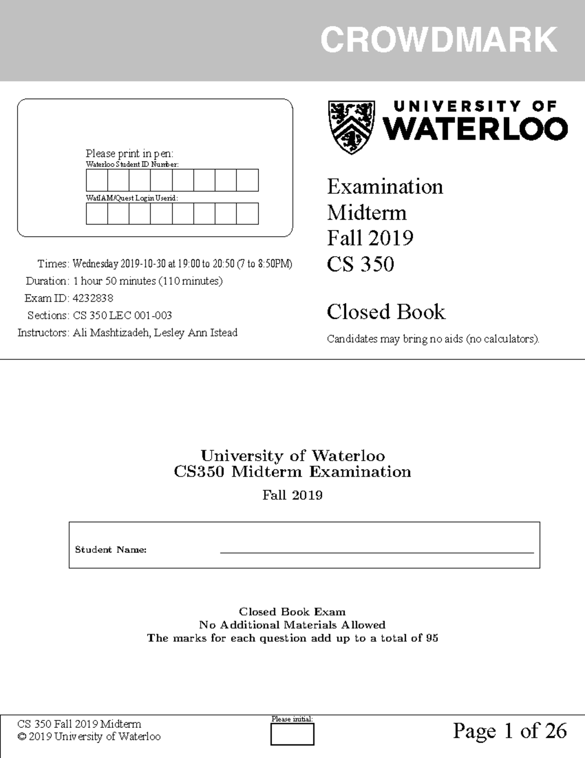 University of Waterloo CS350 Midterm Examination Fall 2019 - Cs 350 ...