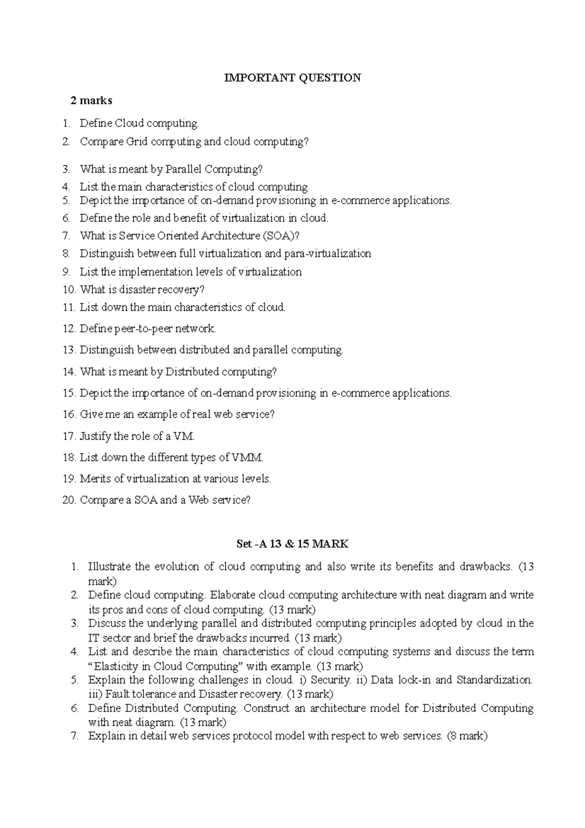 Important Question - IMPORTANT QUESTION 2 marks Define Cloud computing ...