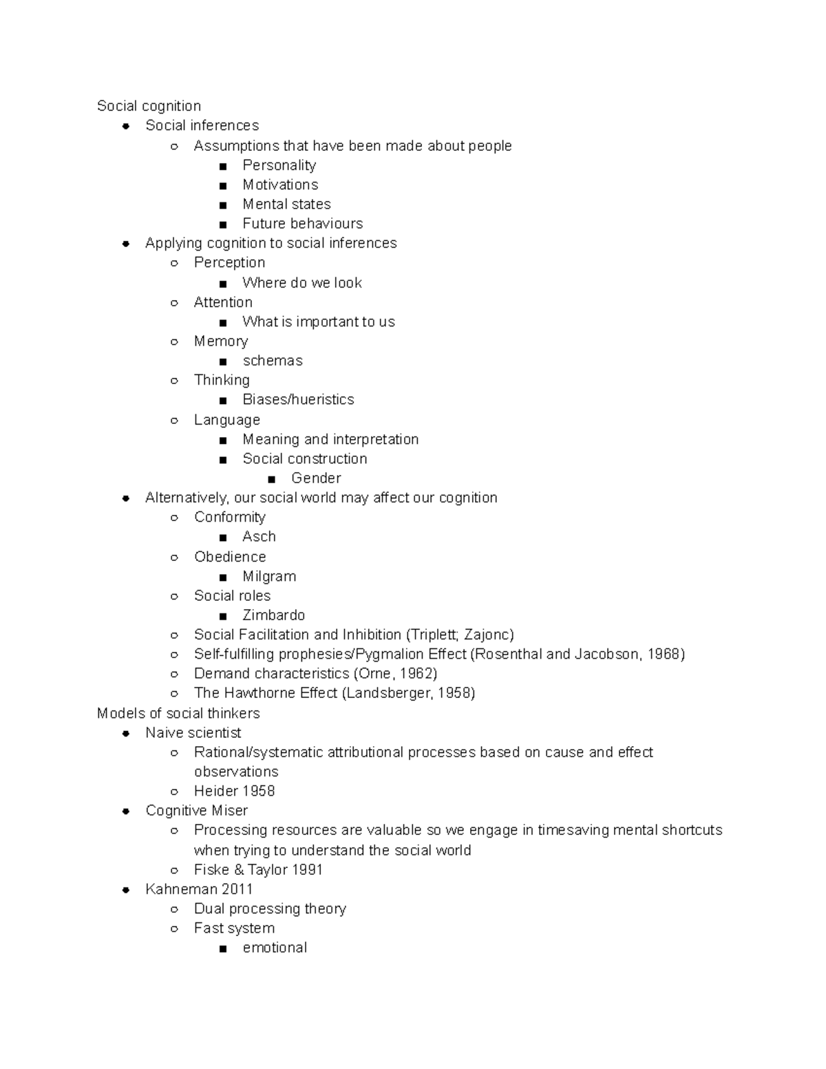 Social Psychology Bullet Pointed Key Concepts 2020 2021 - Social cognition Social inferences ...