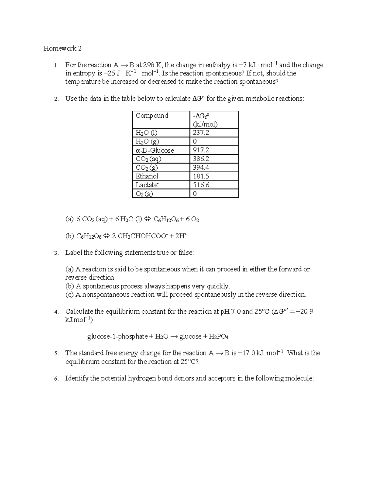 gen biochem 1 HW 2 - Homework 2 For the reaction A → B at 298 K, the ...