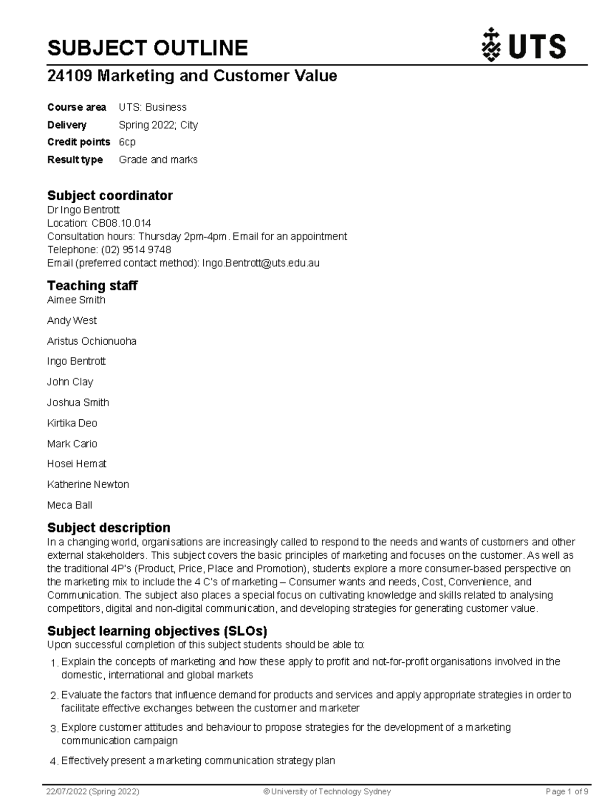 PDFs - Subject Outline - SUBJECT OUTLINE 24109 Marketing and Customer ...