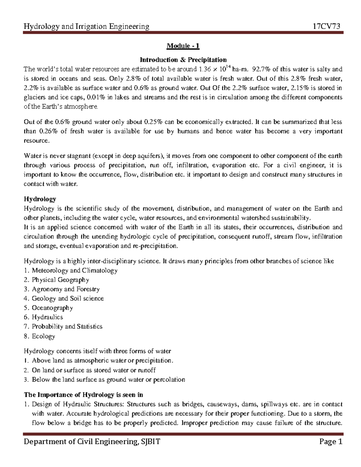 17CV73 Module 1 - NOTES - Module - 1 Introduction & Precipitation The ...