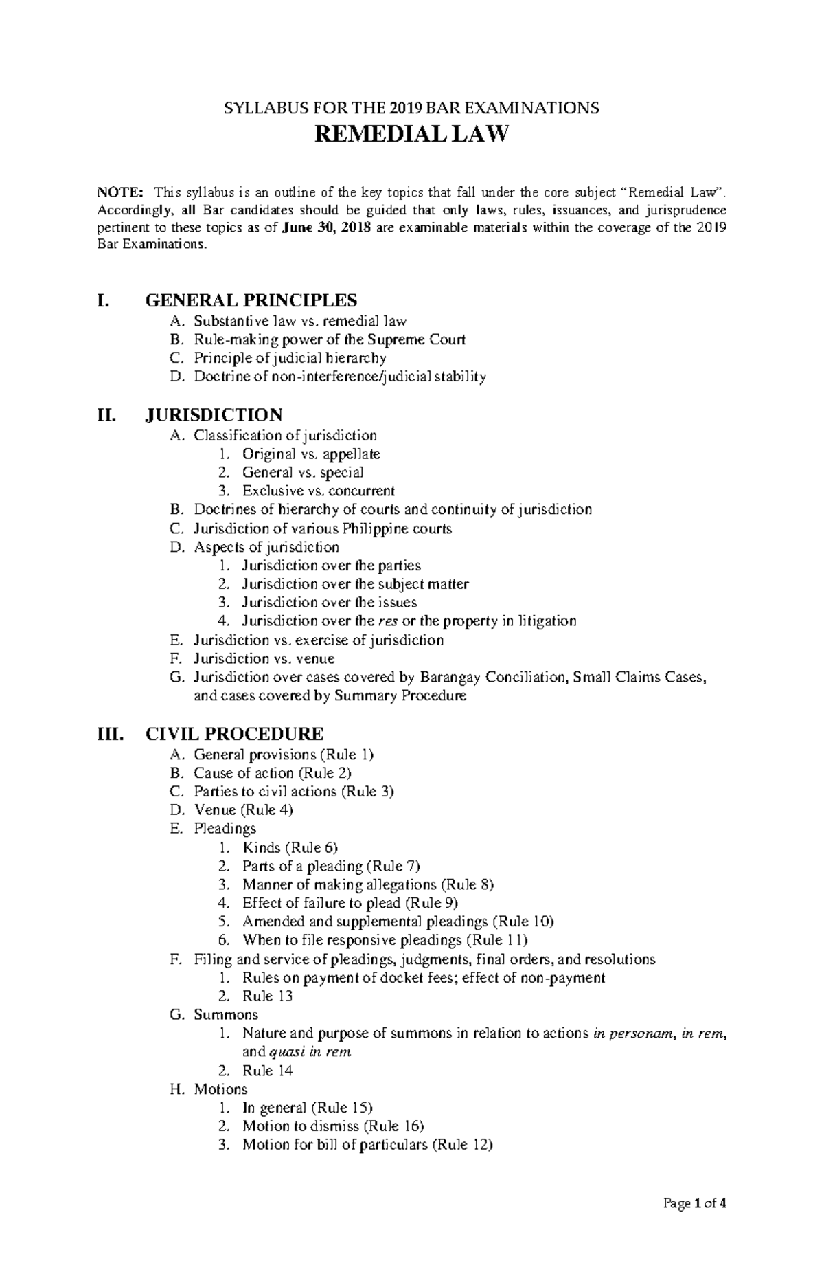 Remedial-LAW - syllabi - SYLLABUS FOR THE 2019 BAR EXAMINATIONS ...
