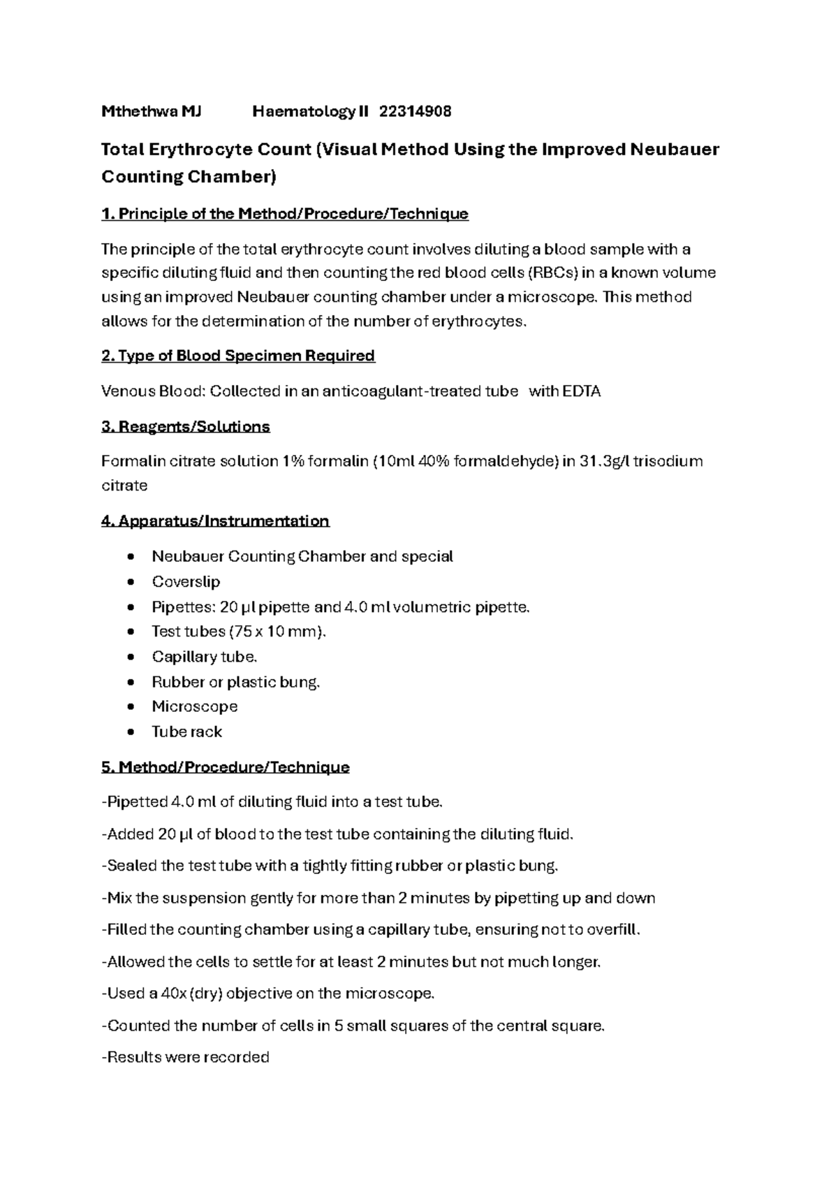 Hematology Pract Report 123 - Mthethwa MJ Haematology II 22314908 Total ...