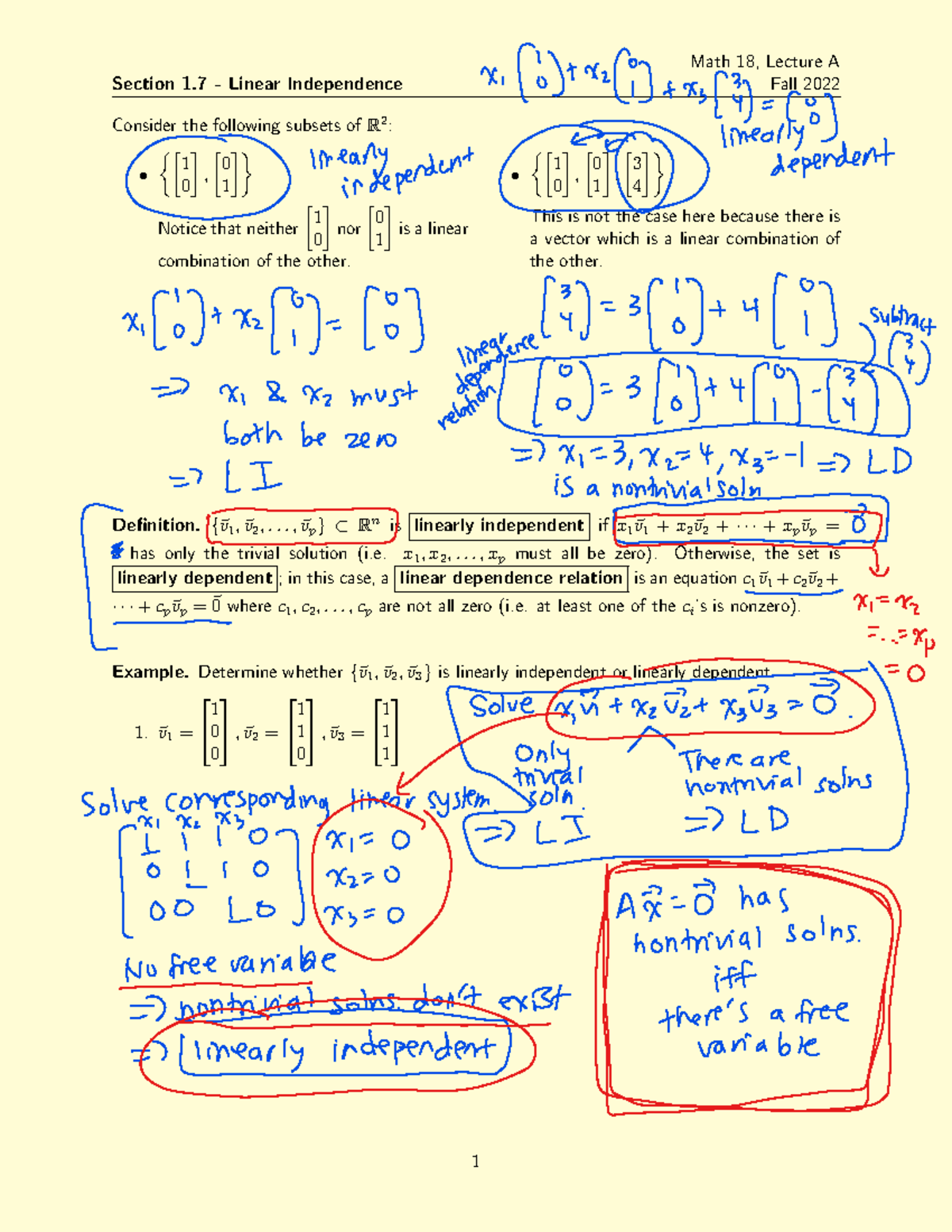 Section 1 - 1.7 - Section 1 - Linear Independence Math 18, Lecture A ...