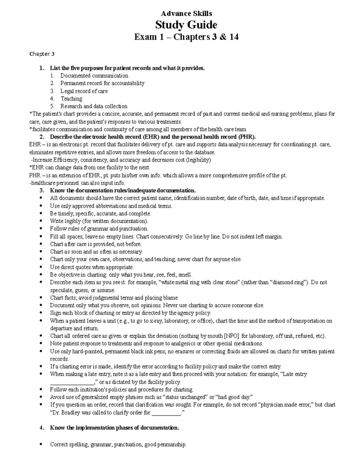 Study Guide - EXAM 1 (Ch 3 &14) Advanced Skills - Advance Skills Study ...