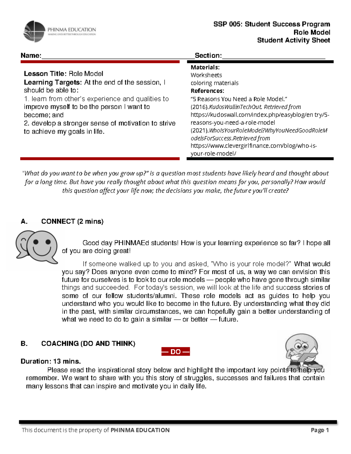 SSP SAS 1 Role model - Role Model Student Activity Sheet Name ...