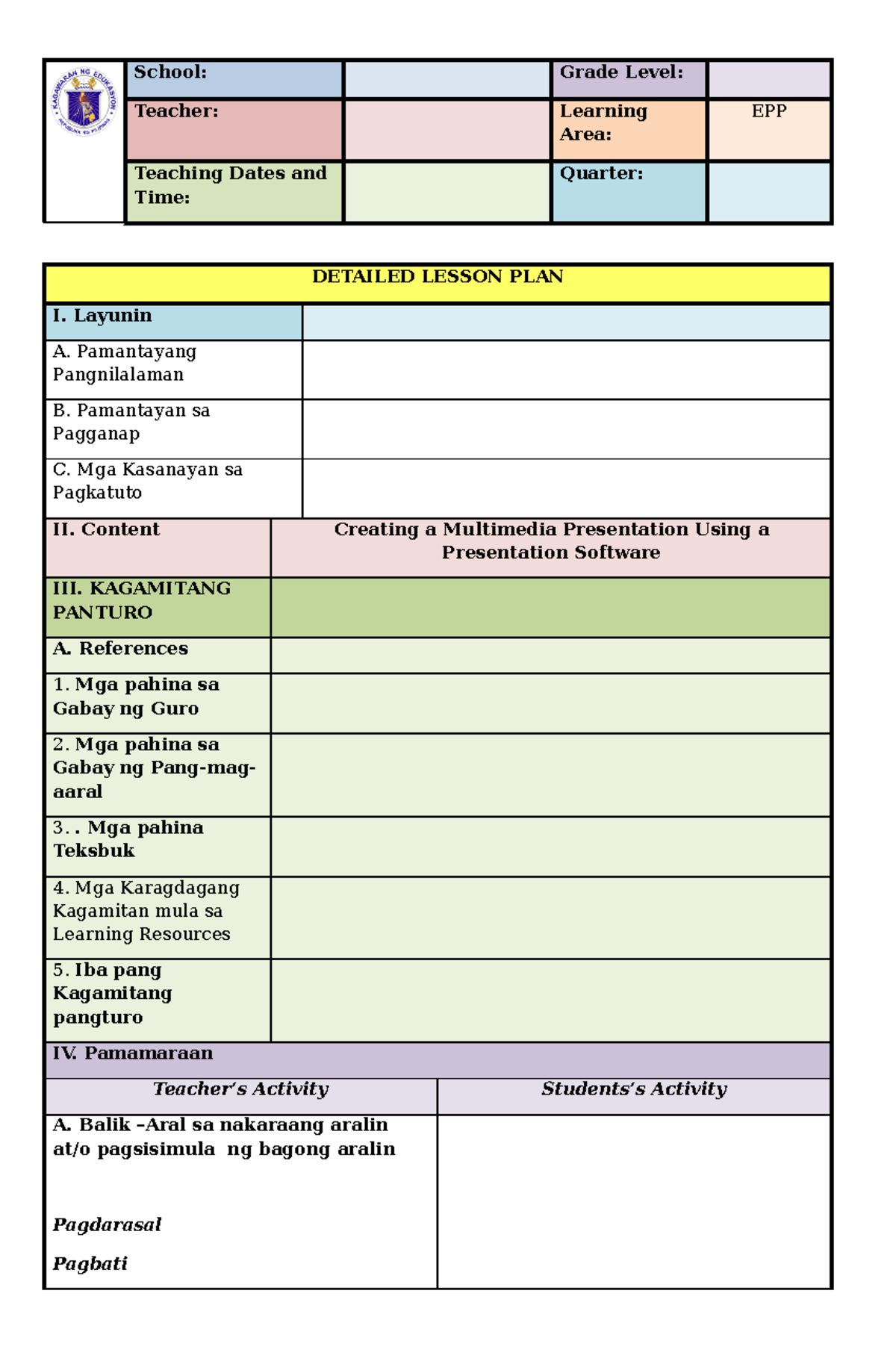 DLP Template Tagalog School Grade Level Teacher Learning Area