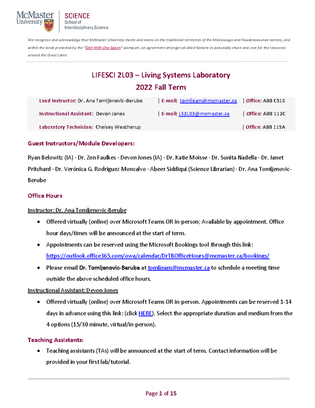 1 - Lifesci 2L03 Syllabus - We recognize and acknowledge that McMaster ...