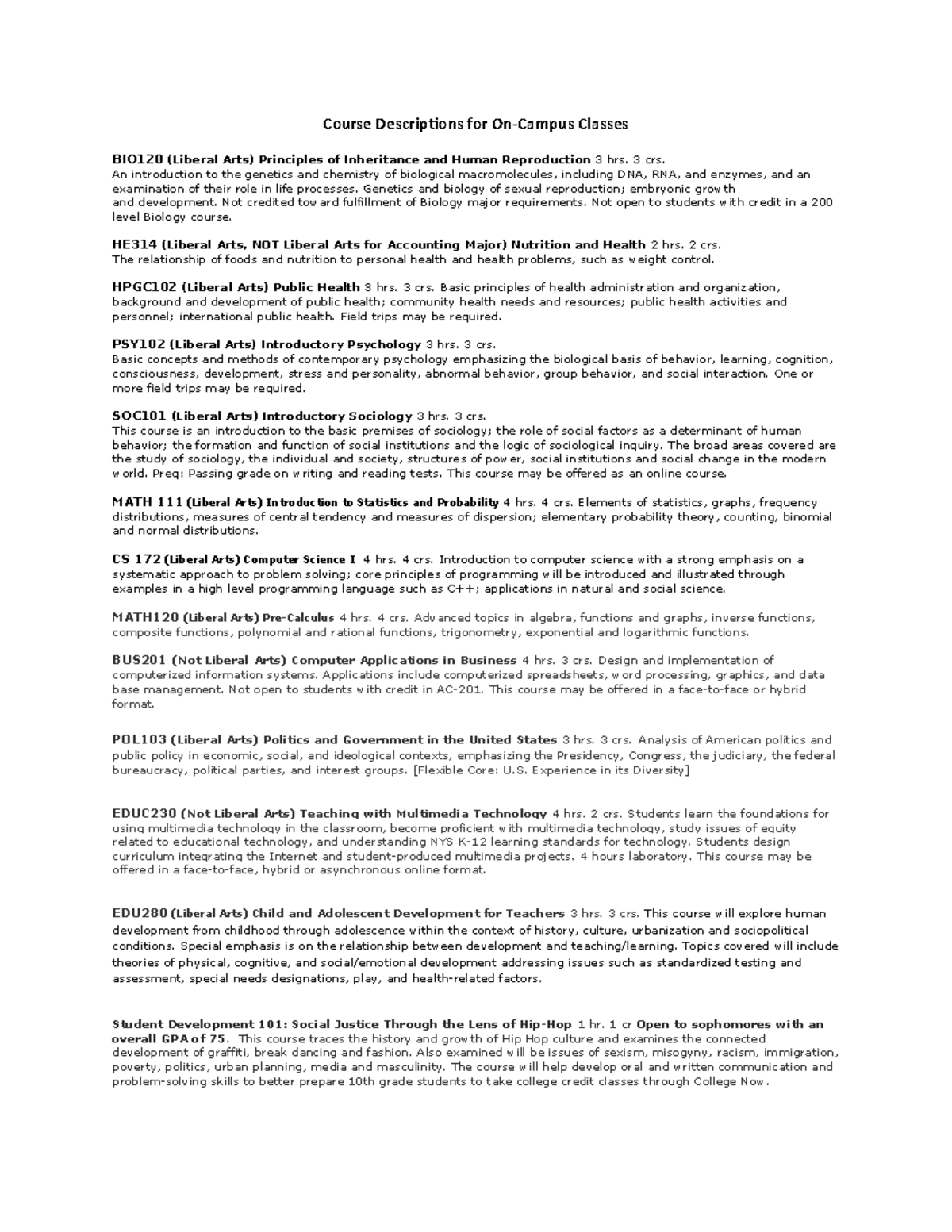 Course Descriptions On Campus (1) - Course Descriptions for On-Campus ...
