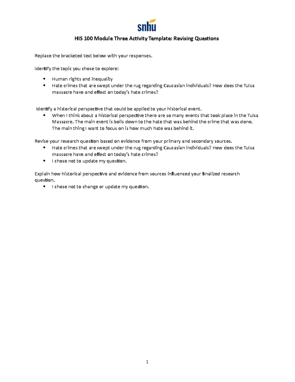 HIS 100 Module Three Activity Revising Questions Template - HIS 100 ...