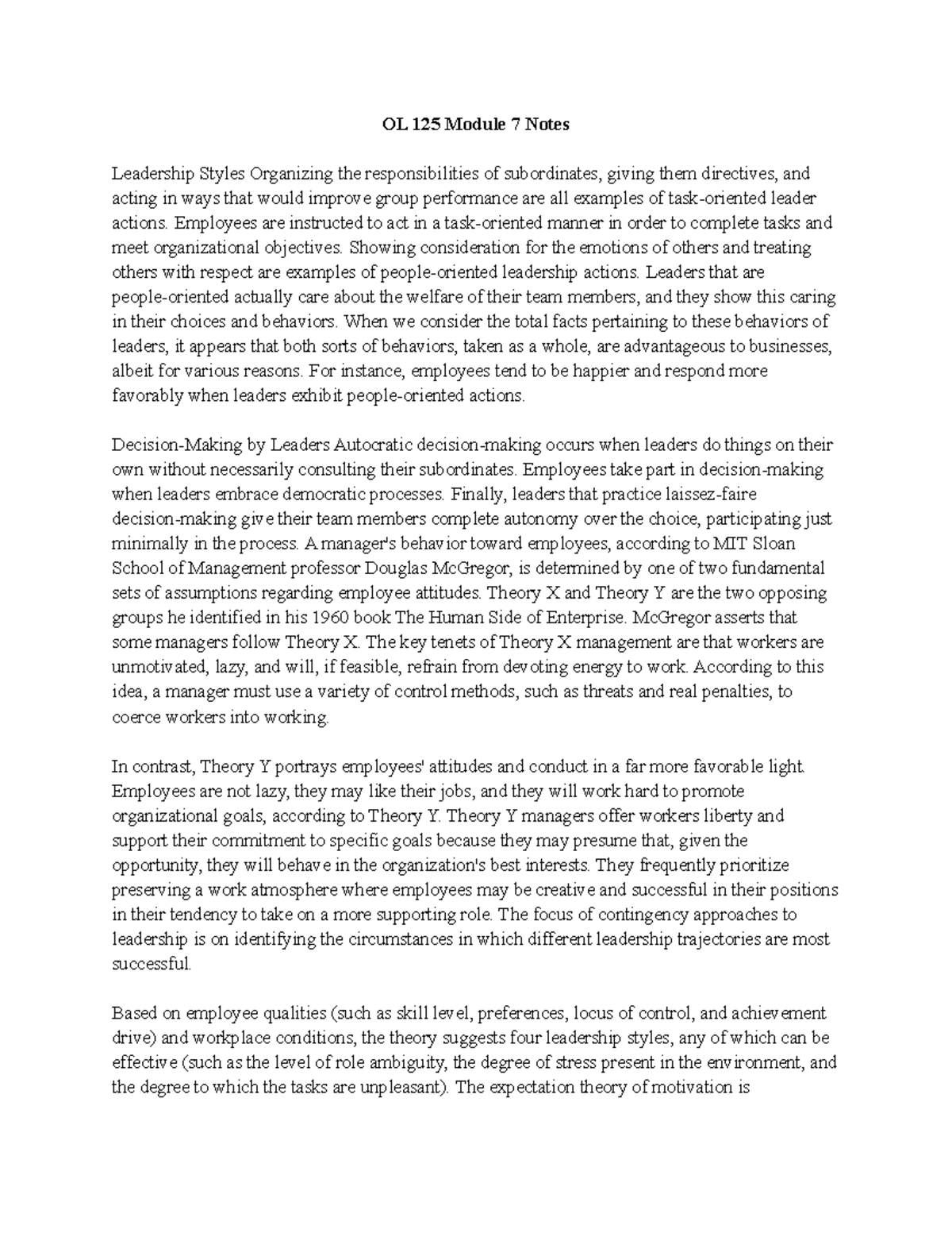 OL 125 Module 7 Notes - OL 125 Module 7 Notes Leadership Styles ...