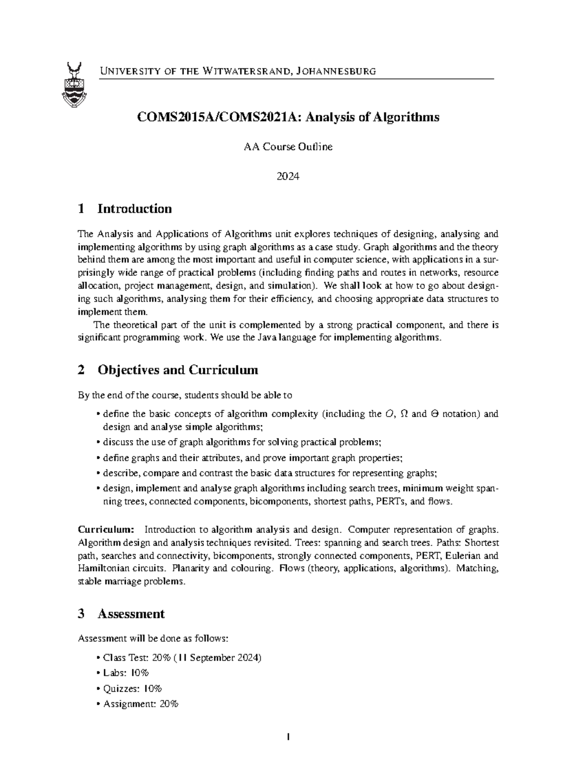 AAA Course Outline - asdfa - UNIVERSITY OF THE WITWATERSRAND ...