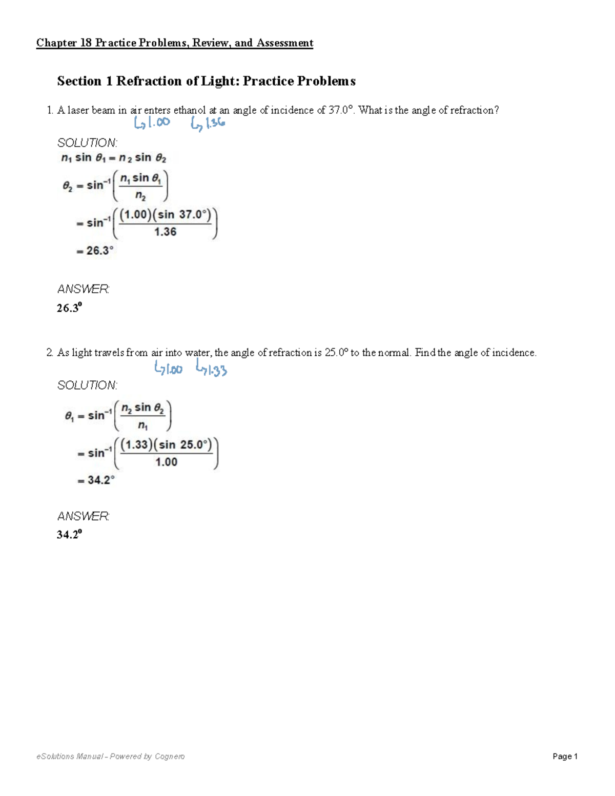 Final Problem 2 - Notes - Section 1 Refraction of Light: Practice ...