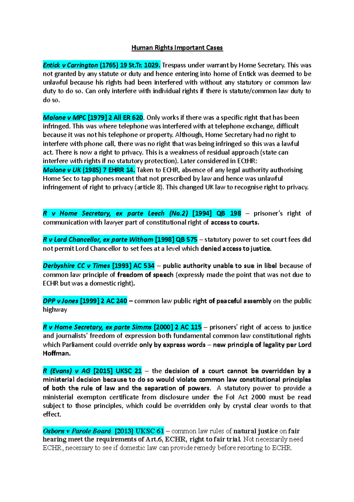 Human Rights Important Cases - Human Rights Important Cases Entick v ...