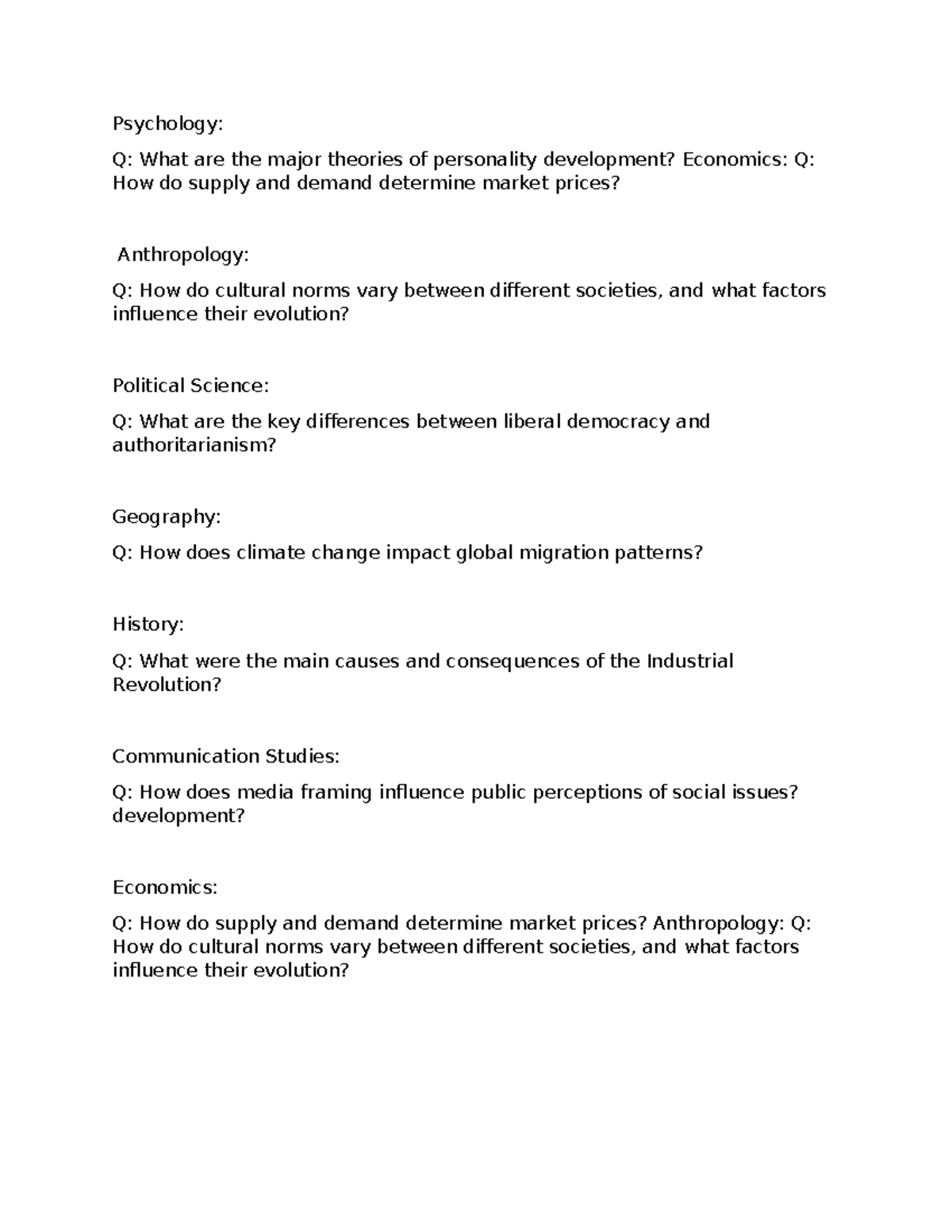 Q & A recitation - sample Q and A - Psychology: Q: What are the major ...