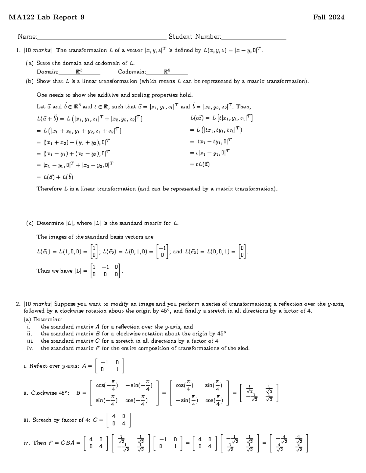 MA122 Lab9Soln - MA 122 Lab 9 solutions - MA122 Lab Report 9 Fall 2024 ...