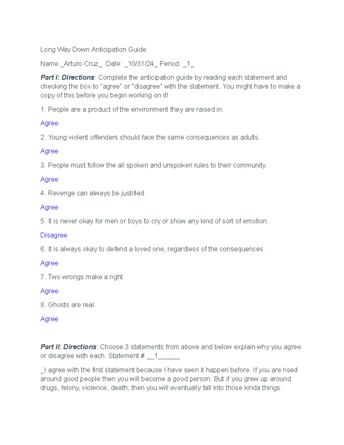 ecology science - Long Way Down Anticipation Guide Name:Arturo Cruz ...