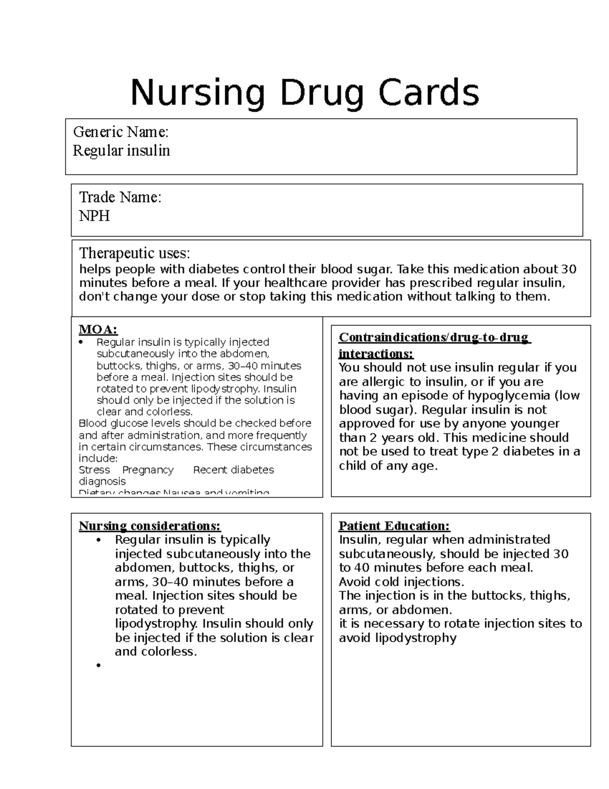 Nursing Drug Cards-NPH - Nursing Drug Cards Generic Name: Regular ...