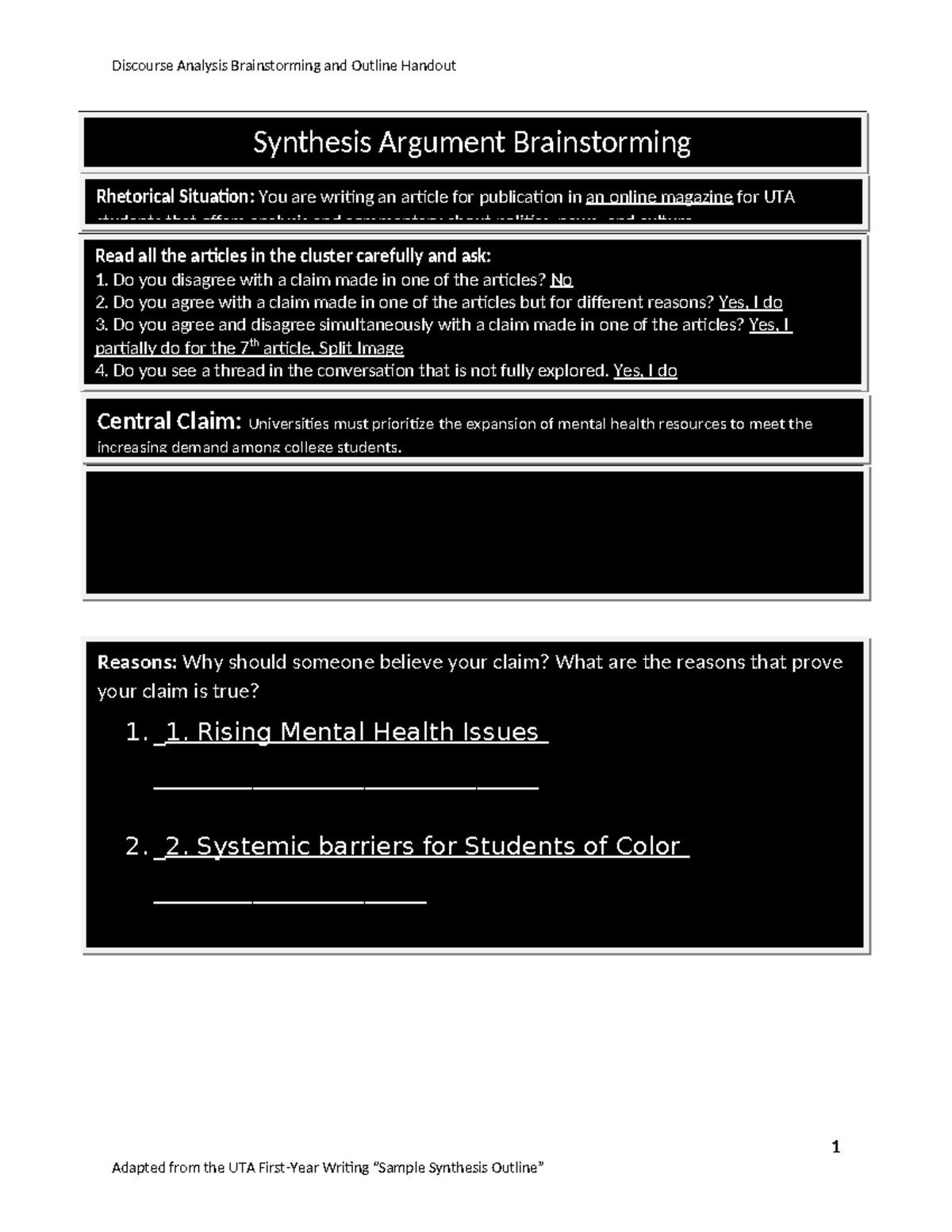Yatron Synthesis Brainstorming and Outline - 1 Adapted from the UTA ...