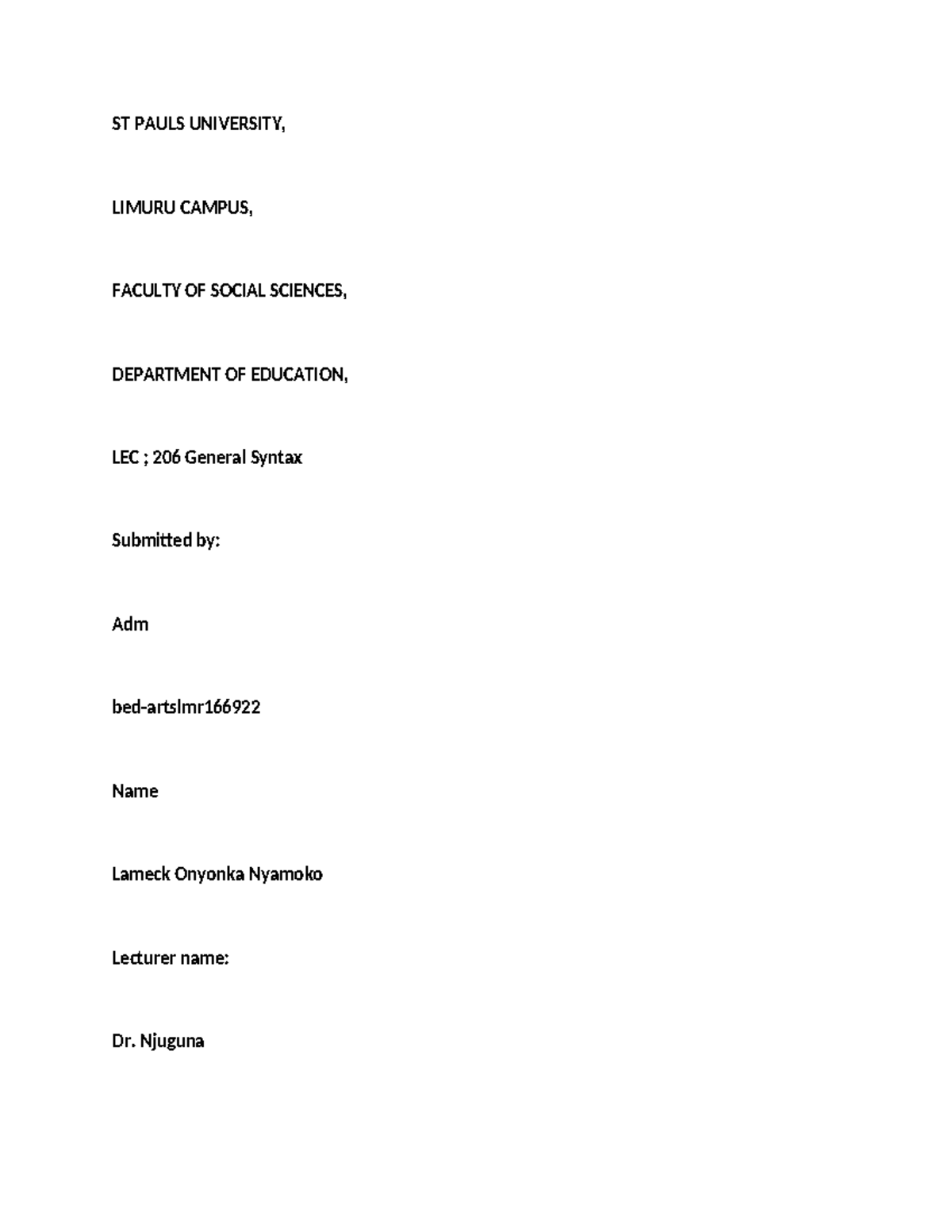 General syntax - ST PAULS UNIVERSITY, LIMURU CAMPUS, FACULTY OF SOCIAL ...