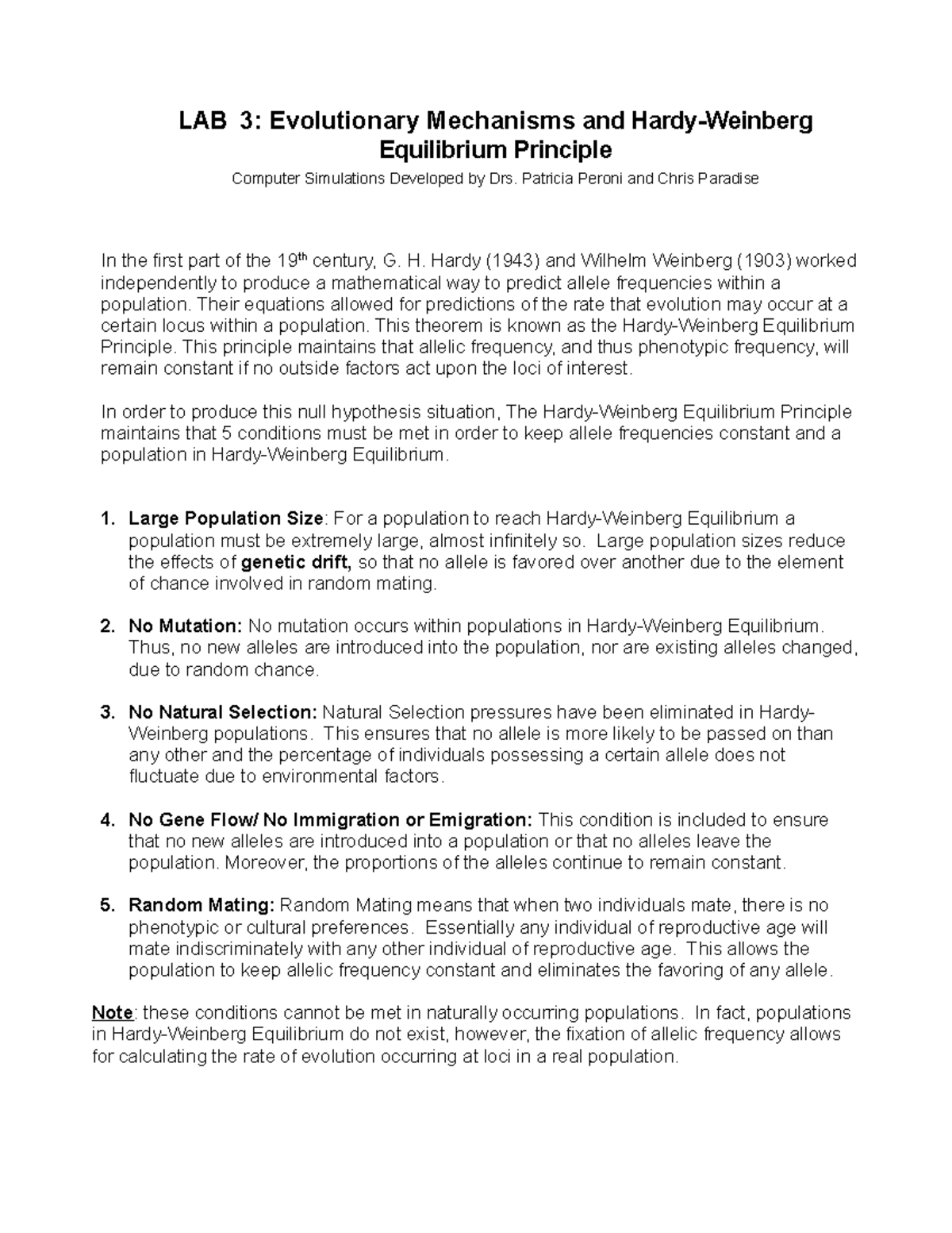 Lab 3 Hardy Weinberg Equilibrium - LAB 3: Evolutionary Mechanisms and ...