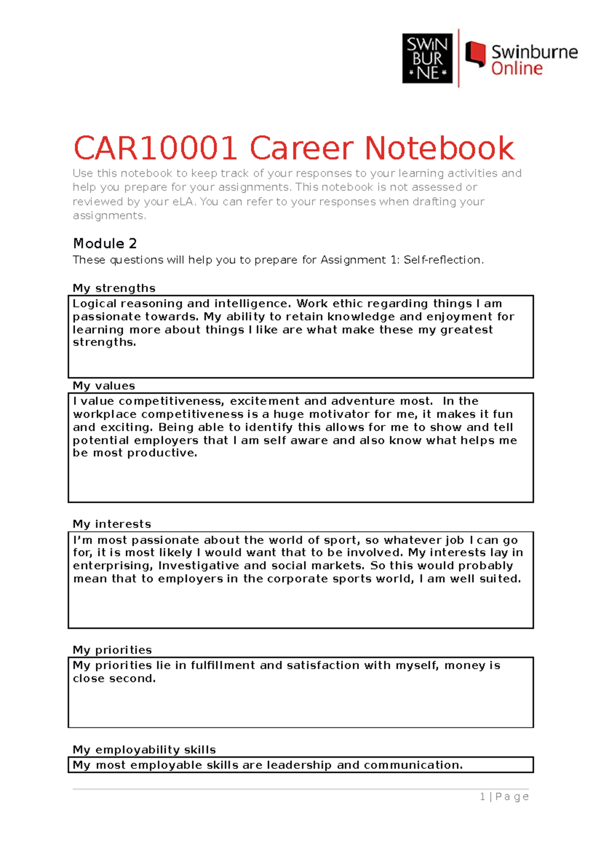 CAR10001 Career notebook - CAR10001 Career Notebook Use this notebook ...