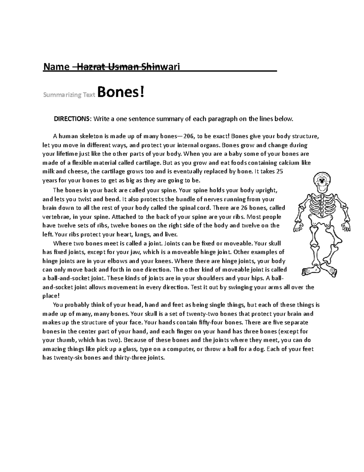 Bones summary English - Ma'am Maria Anwar - Name Hazrat Usman Shinwari ...