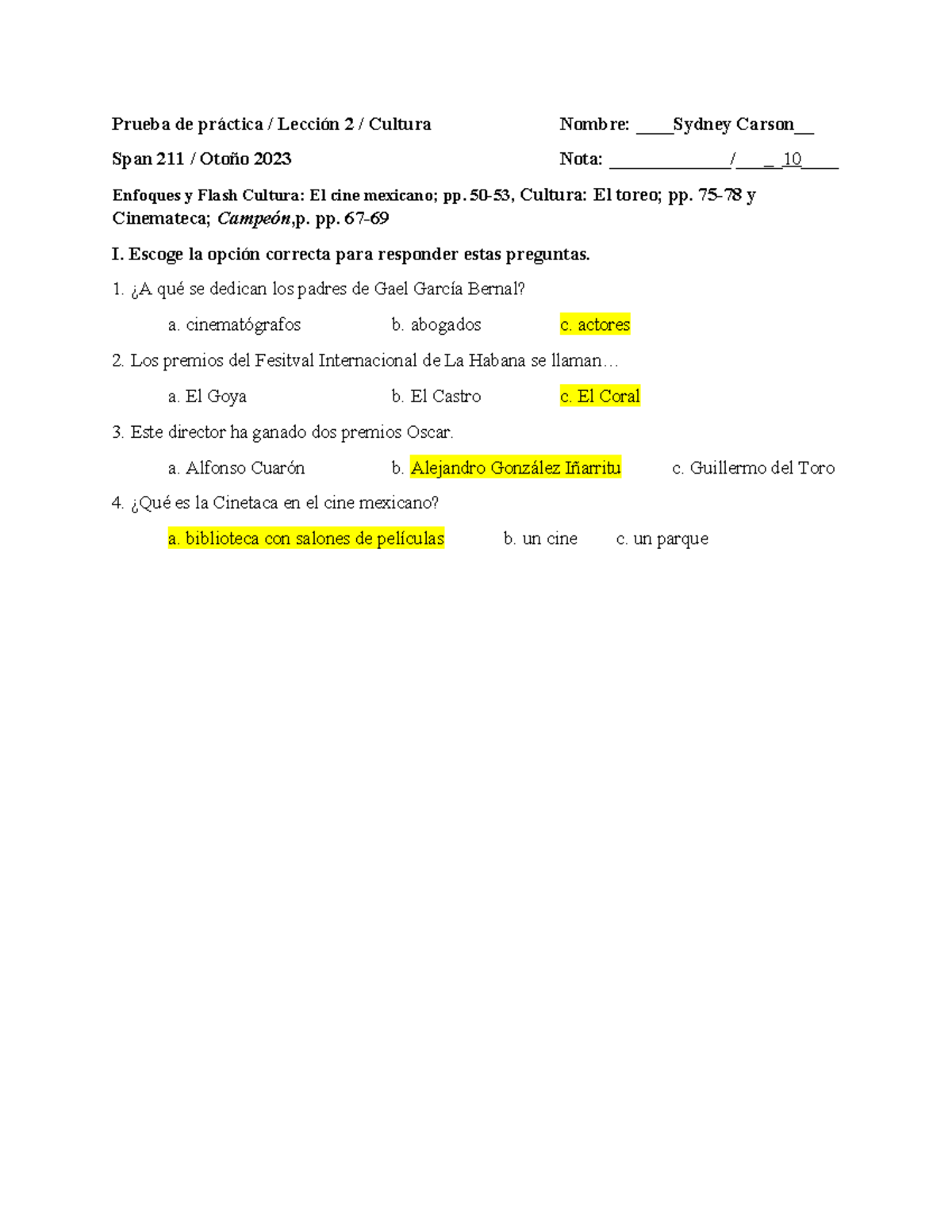 Prueba de práctica - Lección 2 - Cultura - Prueba de práctica / Lección 2 / Cultura Nombre ...
