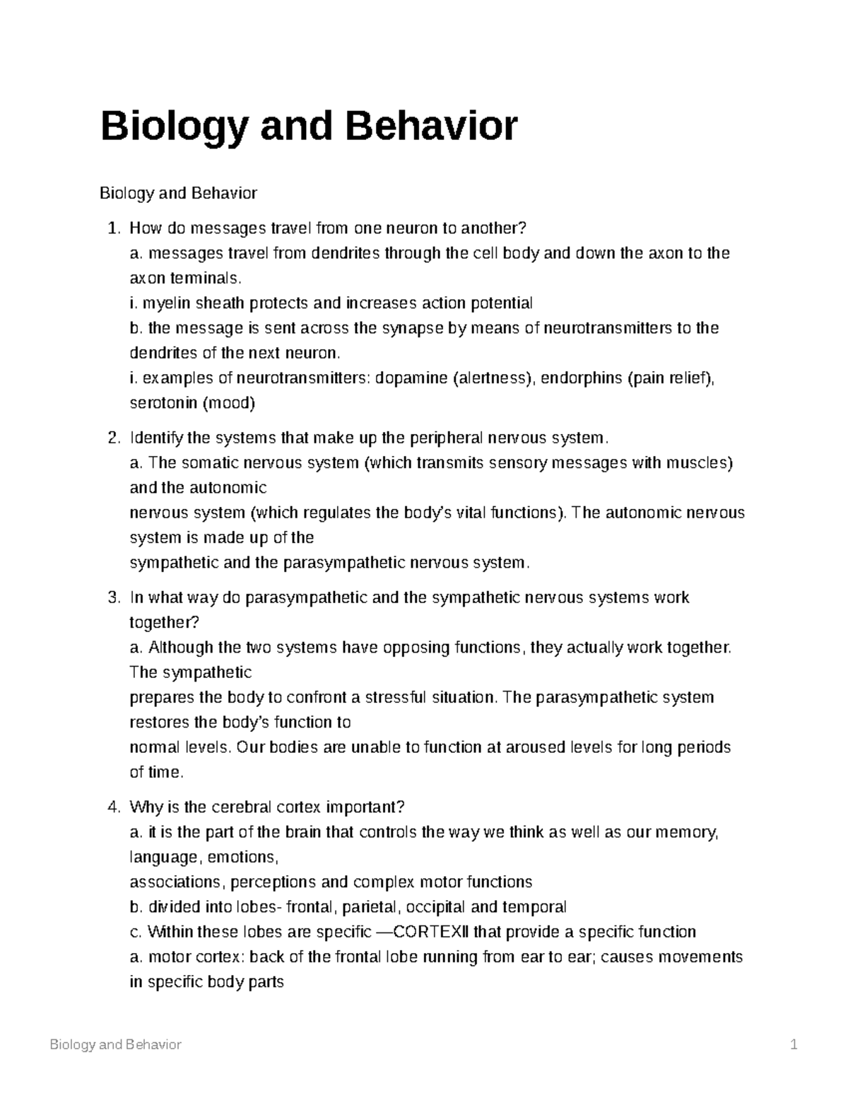 Biology and Behavior - In class notes - Biology and Behavior Biology ...