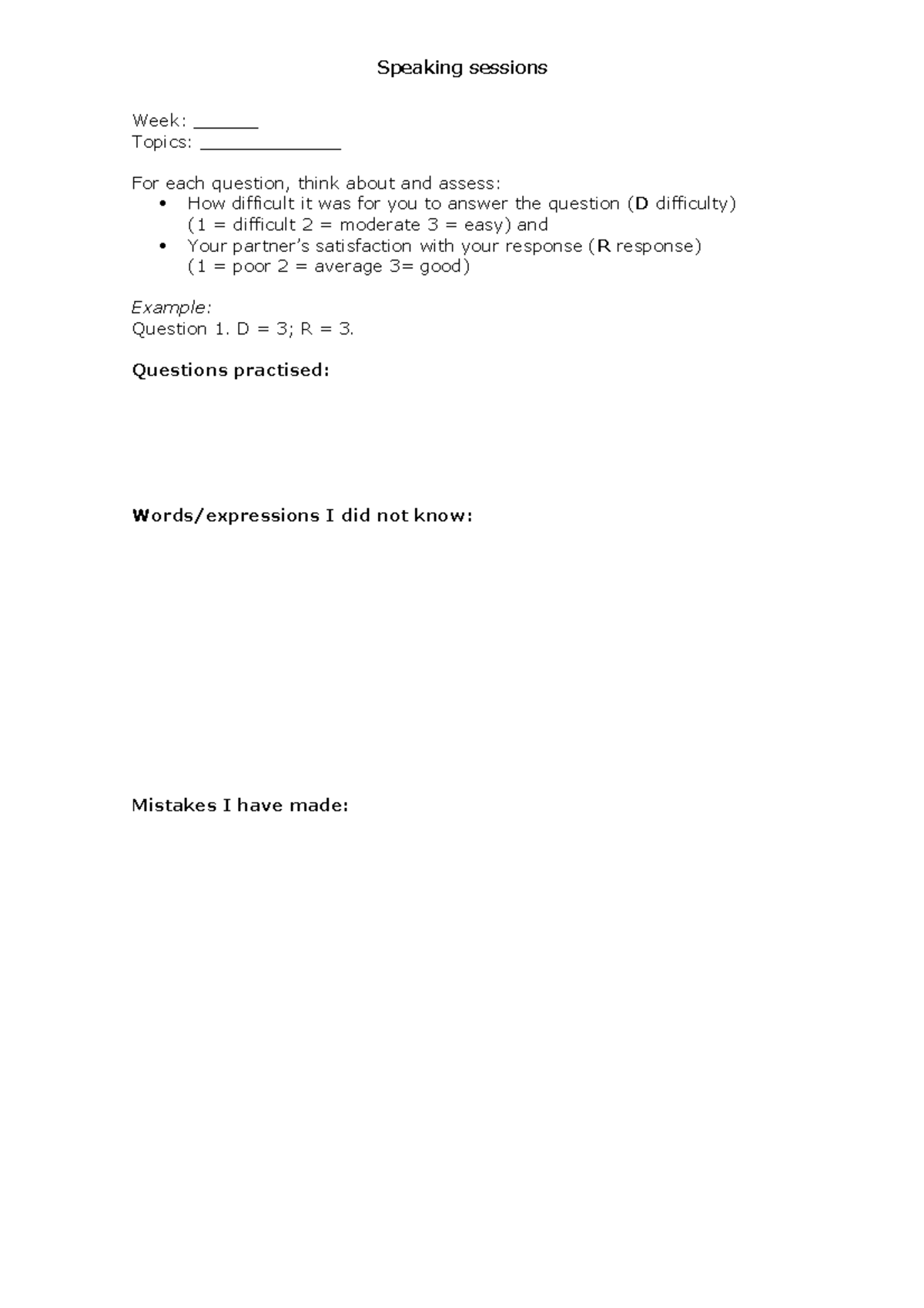 Speaking practice template - Speaking sessions Week: ______ Topics ...