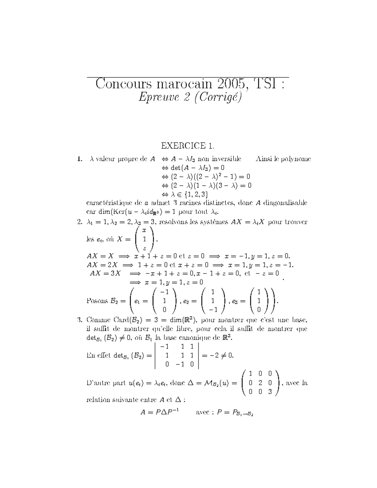 CNC 2005 TSI maths 2 corrige - Concours marocain 2005, TSI : Epreuve 2 ...