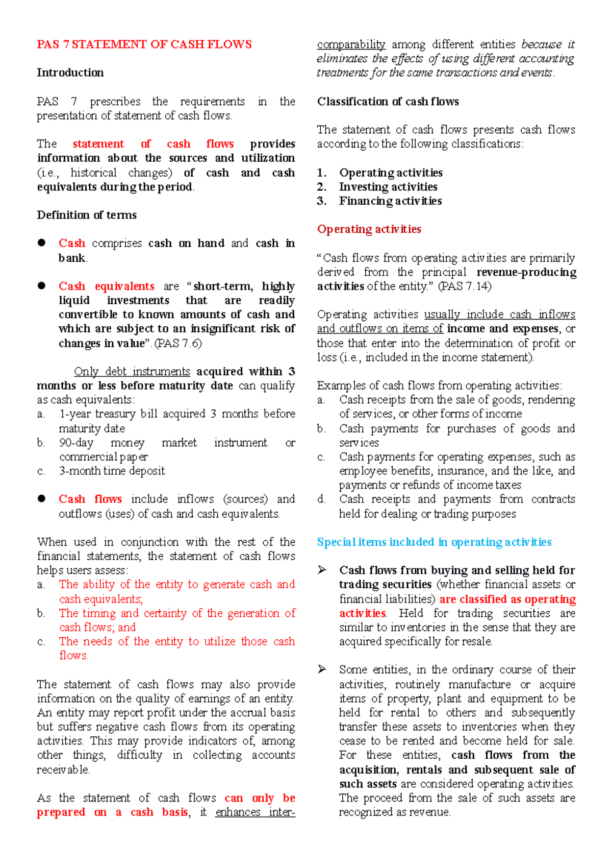 PAS 7 12 notes - PAS 7 STATEMENT OF CASH FLOWS Introduction PAS 7 ...