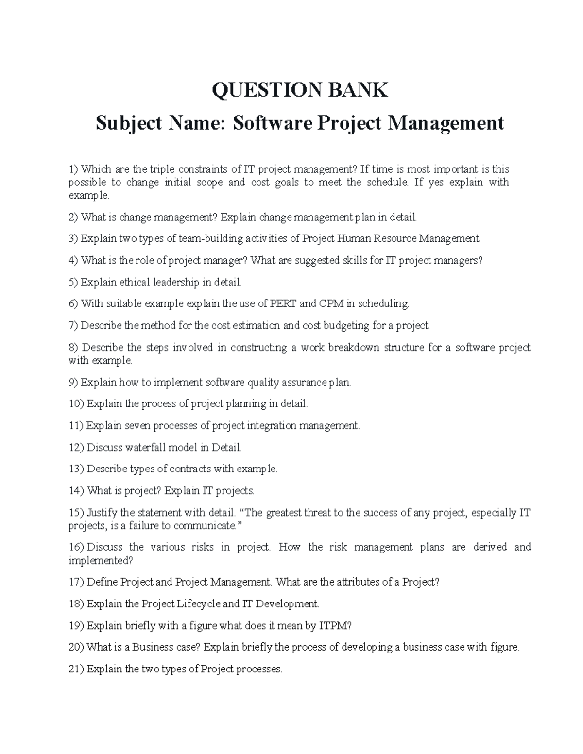 Question-bank-SPM - Question bank for spm - QUESTION BANK Subject Name: Software Project ...