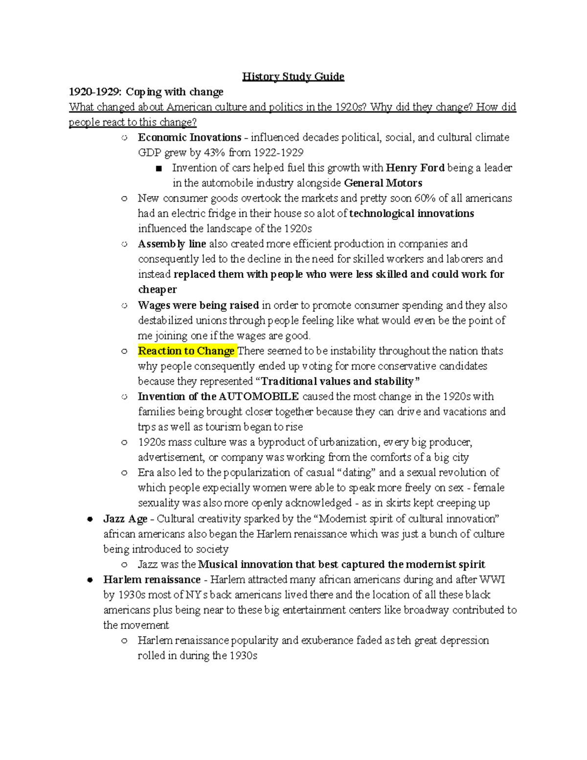 Hist - Study Guide + Essay - History Study Guide 1920-1929: Coping with ...