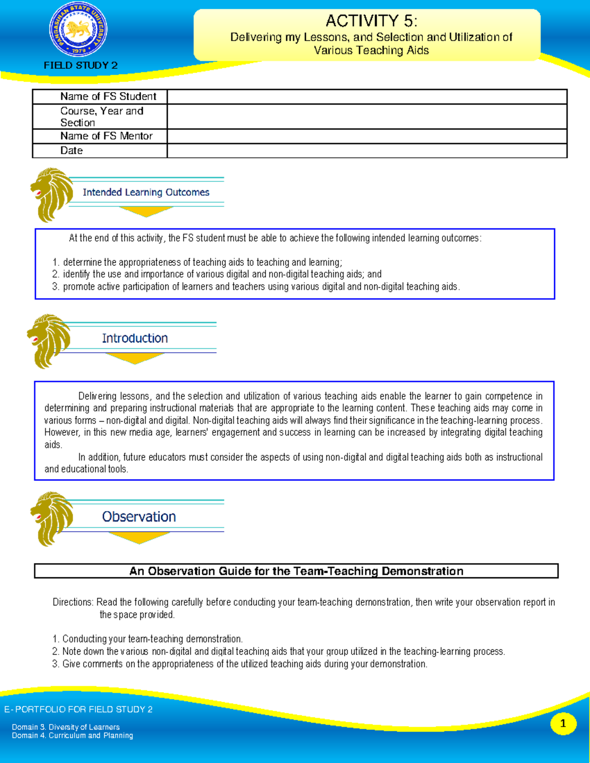 FS 2 Activity 5 - sdfsdfds - Delivering my Lessons, and Selection and ...