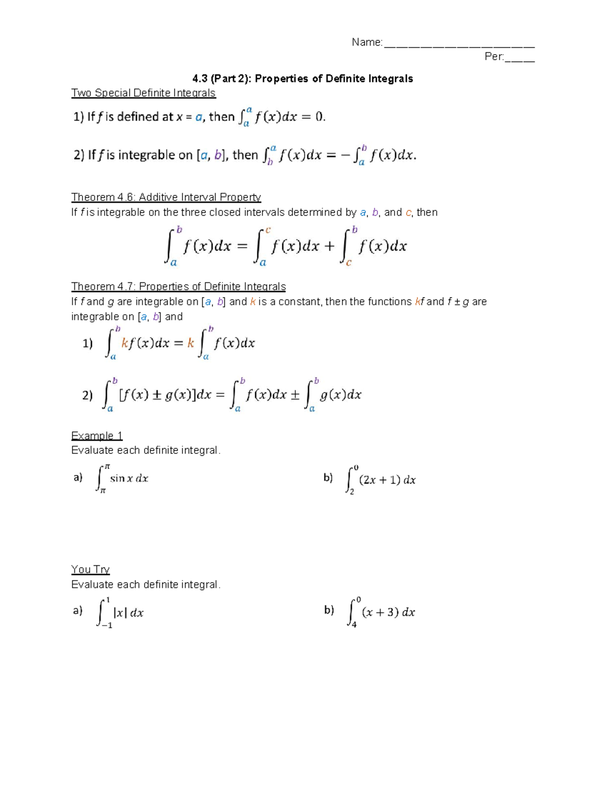 4.3 (Part 2) Properties of Definite Integrals GN - Name ...