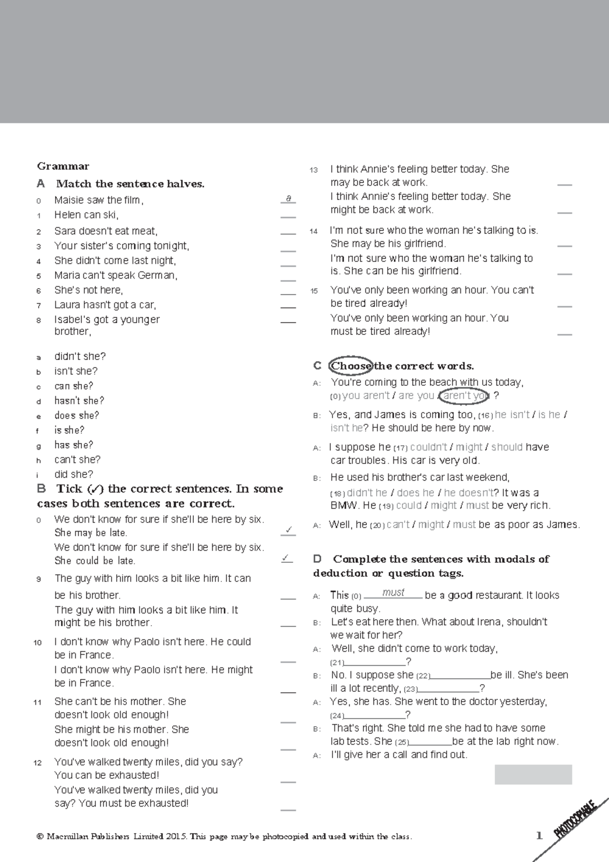 Grammar and vocabulary test A - © Macmillan Publishers Limited 2015 ...