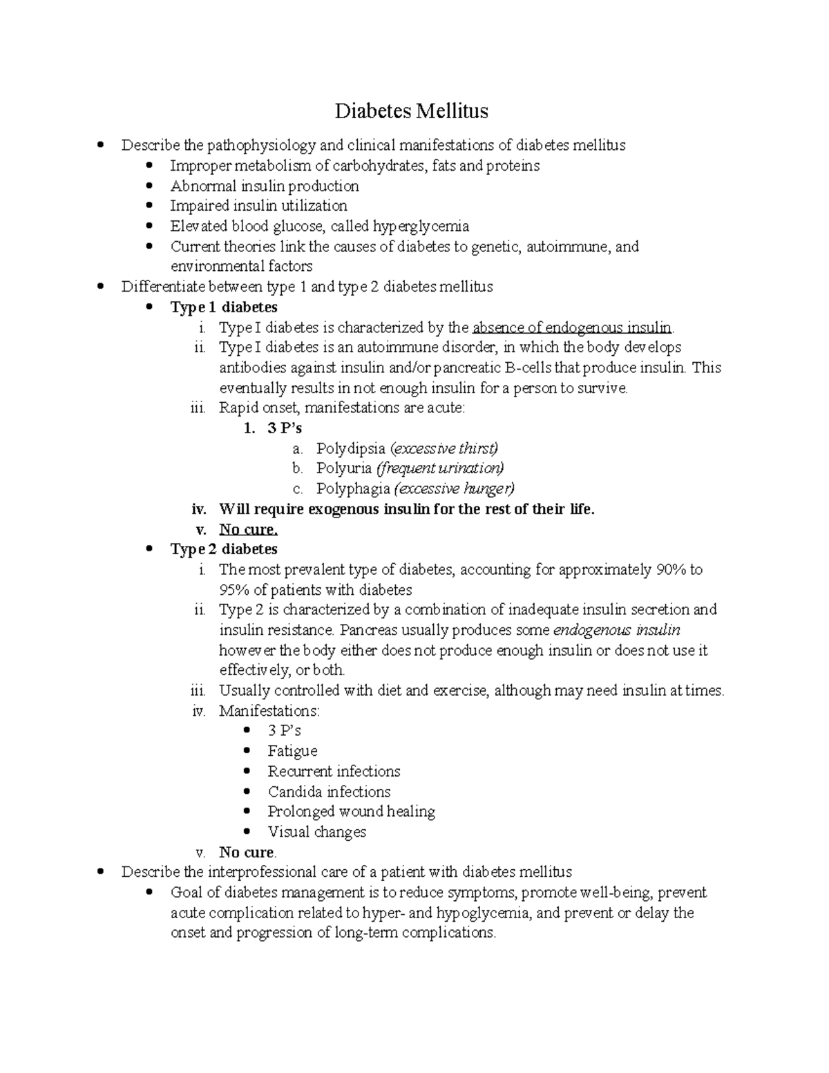 Diabetes objectives - Diabetes Mellitus Describe the pathophysiology ...