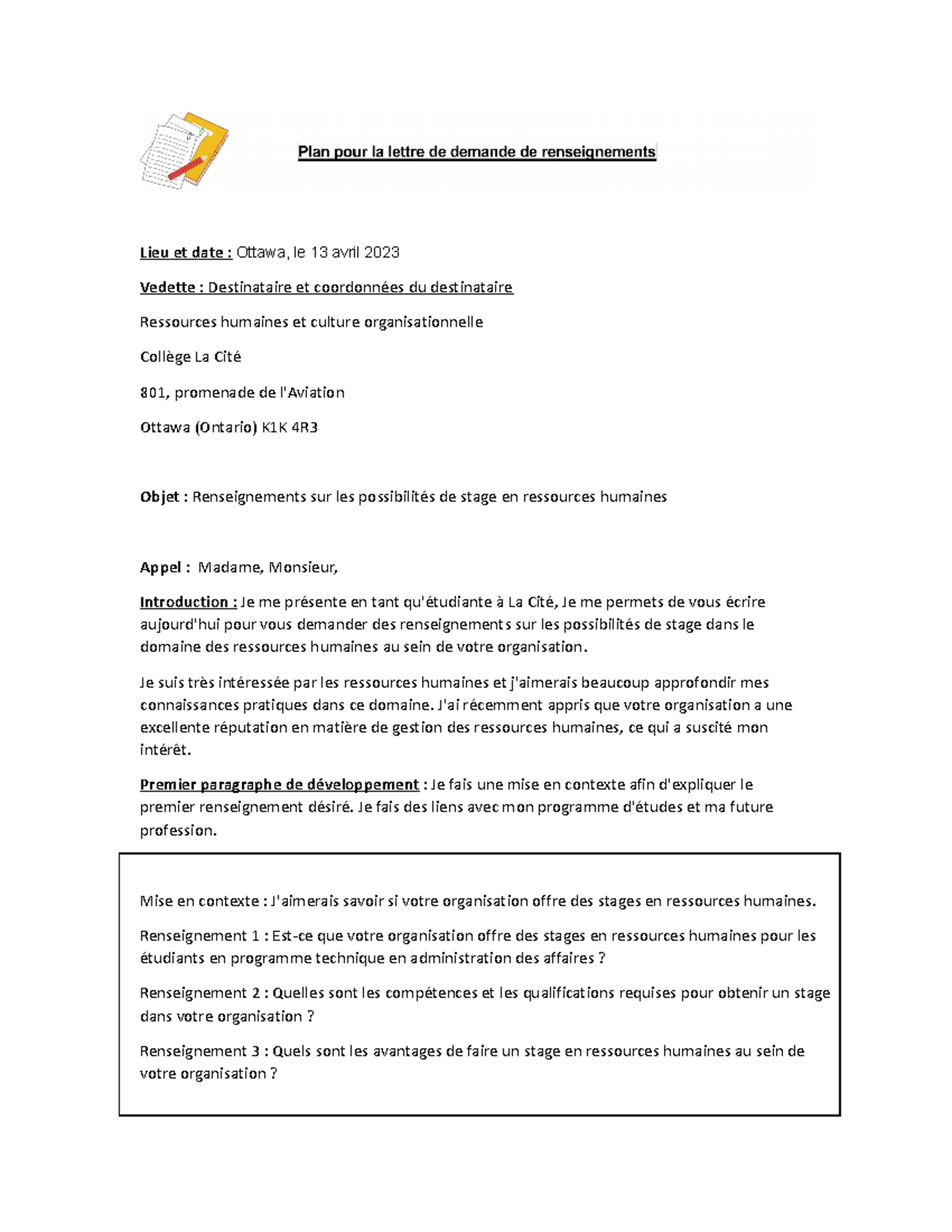 UA3.plan de la lettre de demande de renseignements - Lieu et date ...