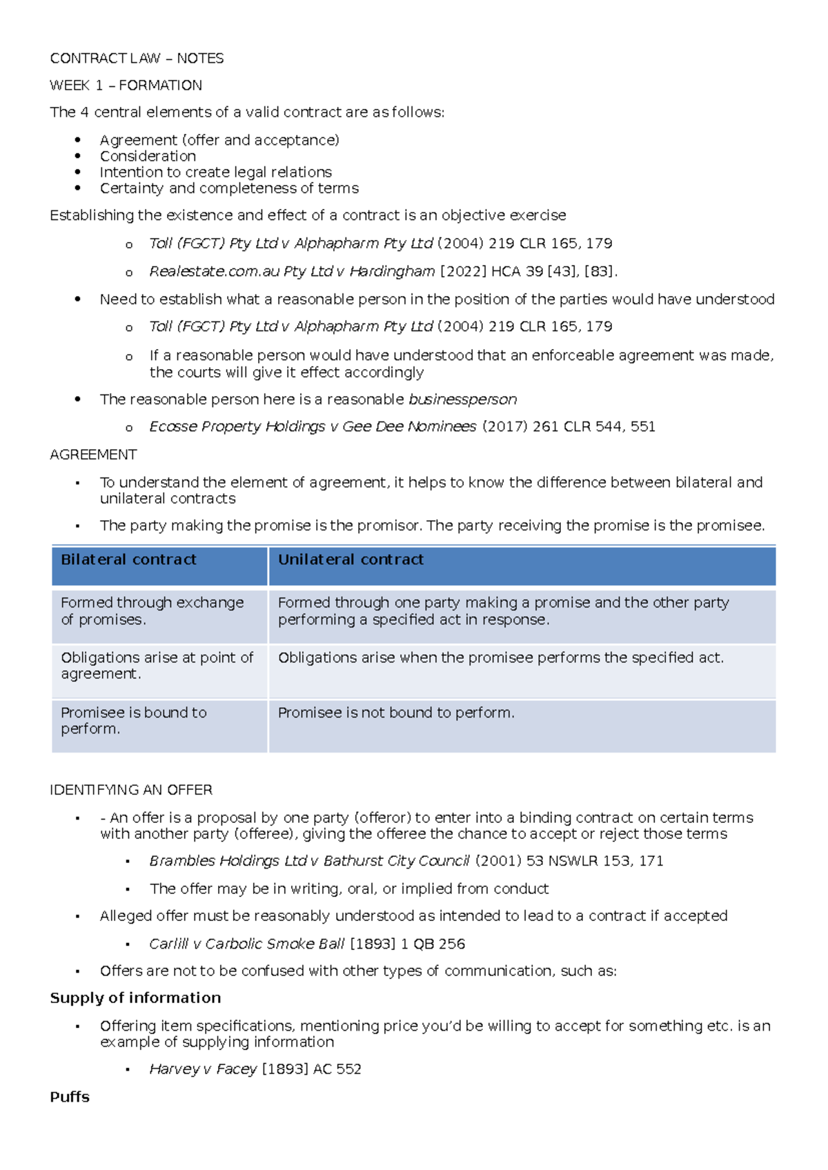 Contract LAW - Notes - CONTRACT LAW – NOTES WEEK 1 – FORMATION The 4 ...