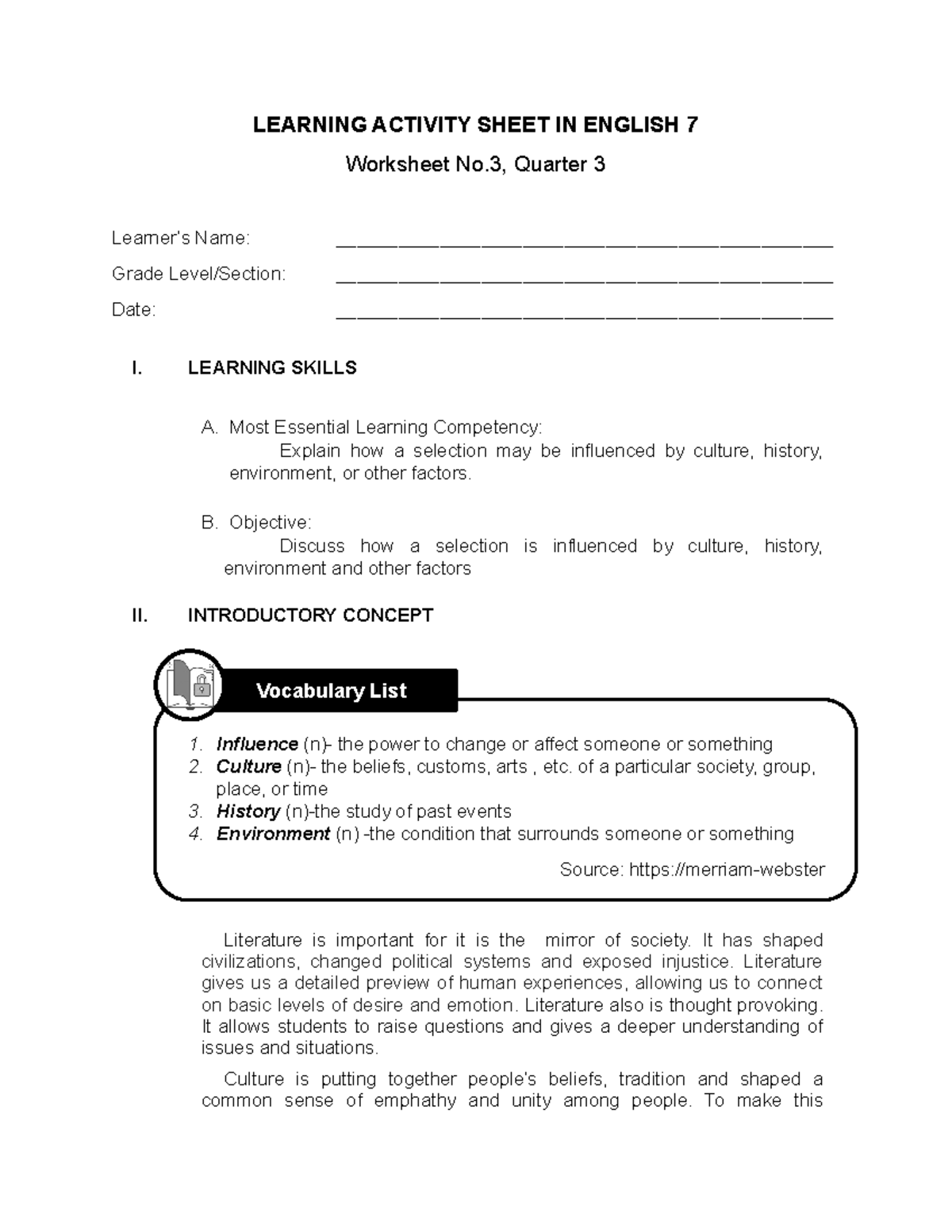 LAS-Q3-L3 week 3 - the activity shhet is for grade 7. 3rd quarter, the ...