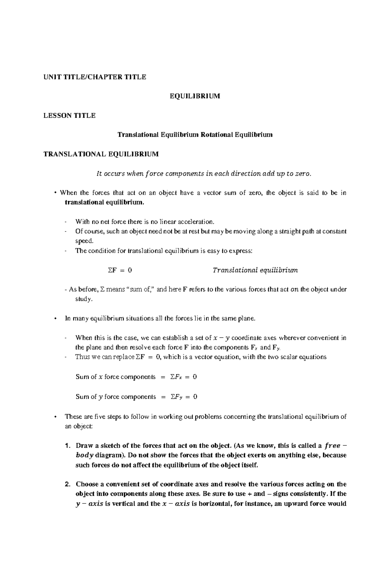 Equilibrium - Translational Equilibrium, and Rotational Equilibrium - UNIT TITLE/CHAPTER TITLE ...