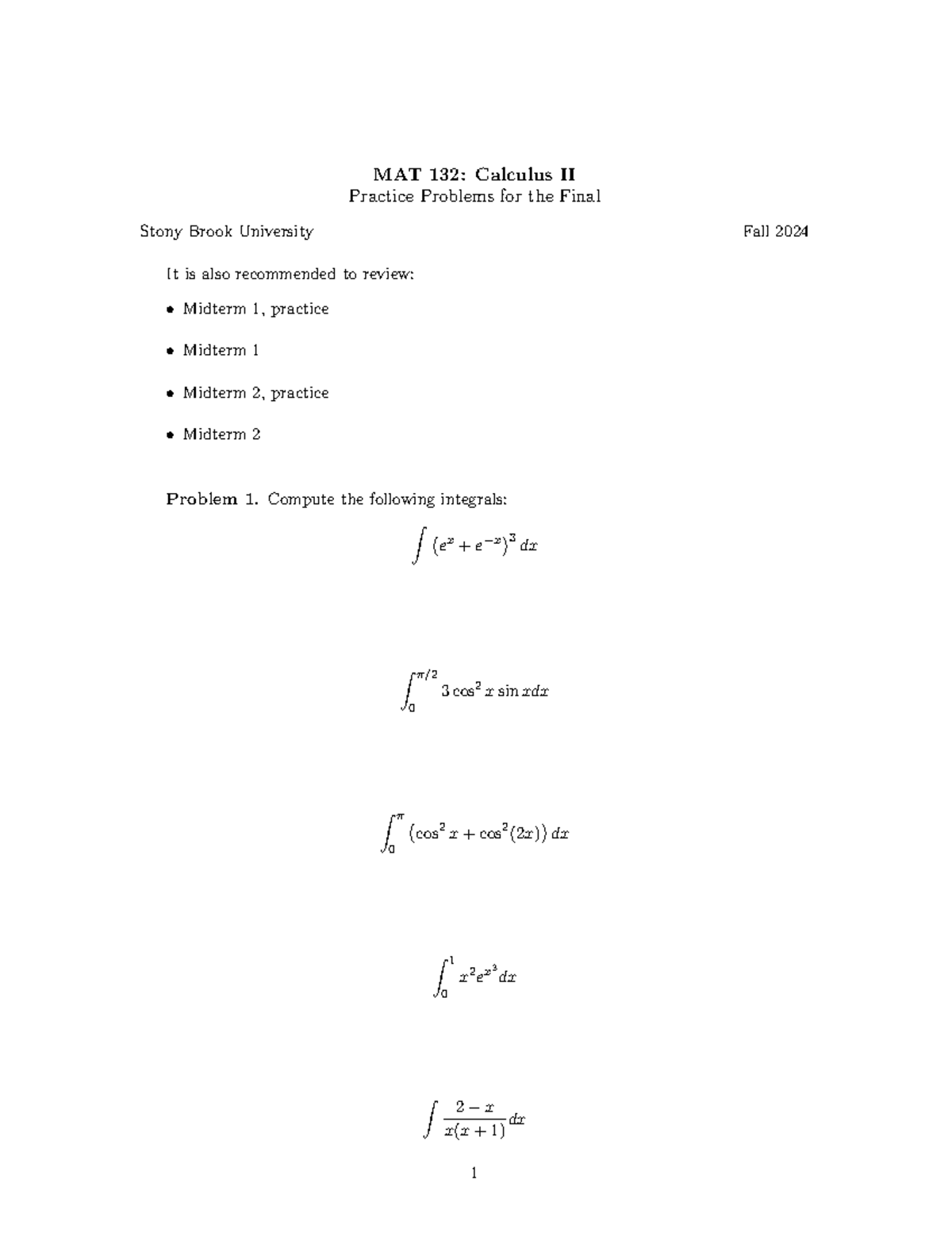 Final Practice - MAT 132: Calculus II Practice Problems for the Final ...