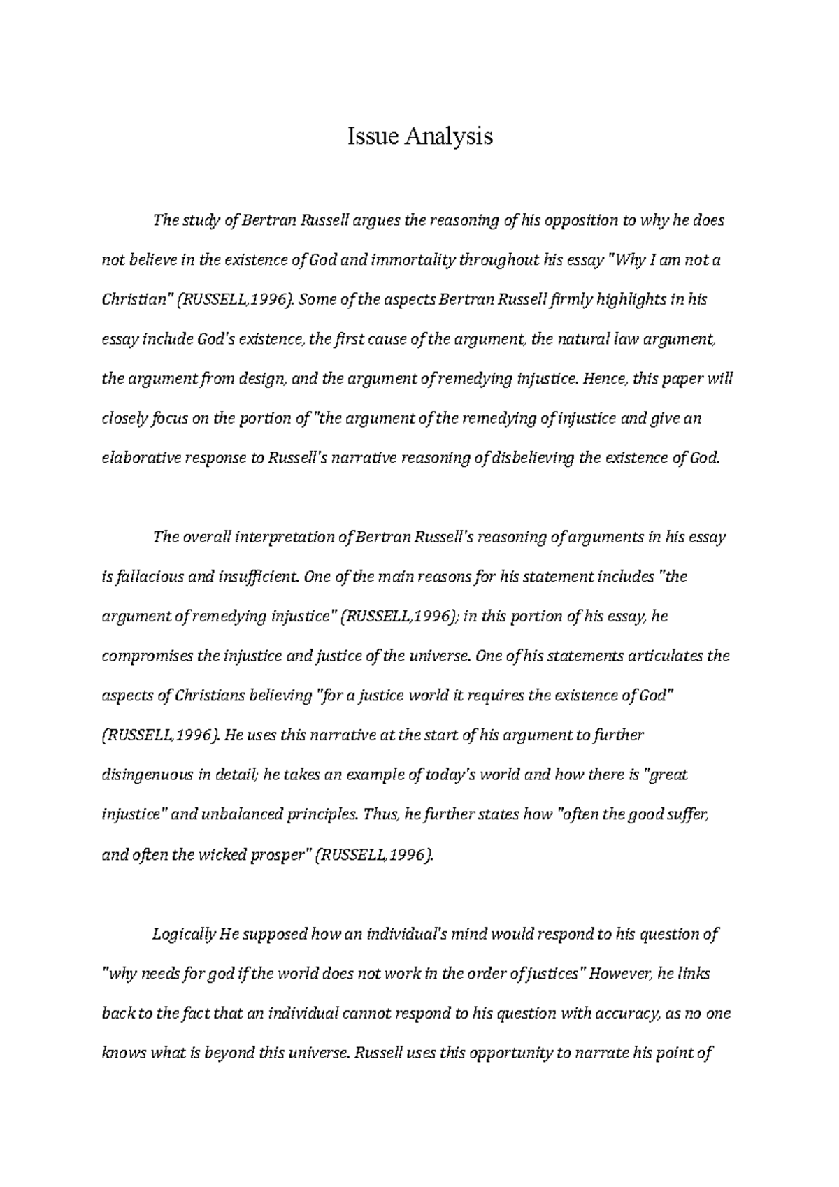 Assessment 1 Issue Analysis-2 - Issue Analysis The study of Bertran ...