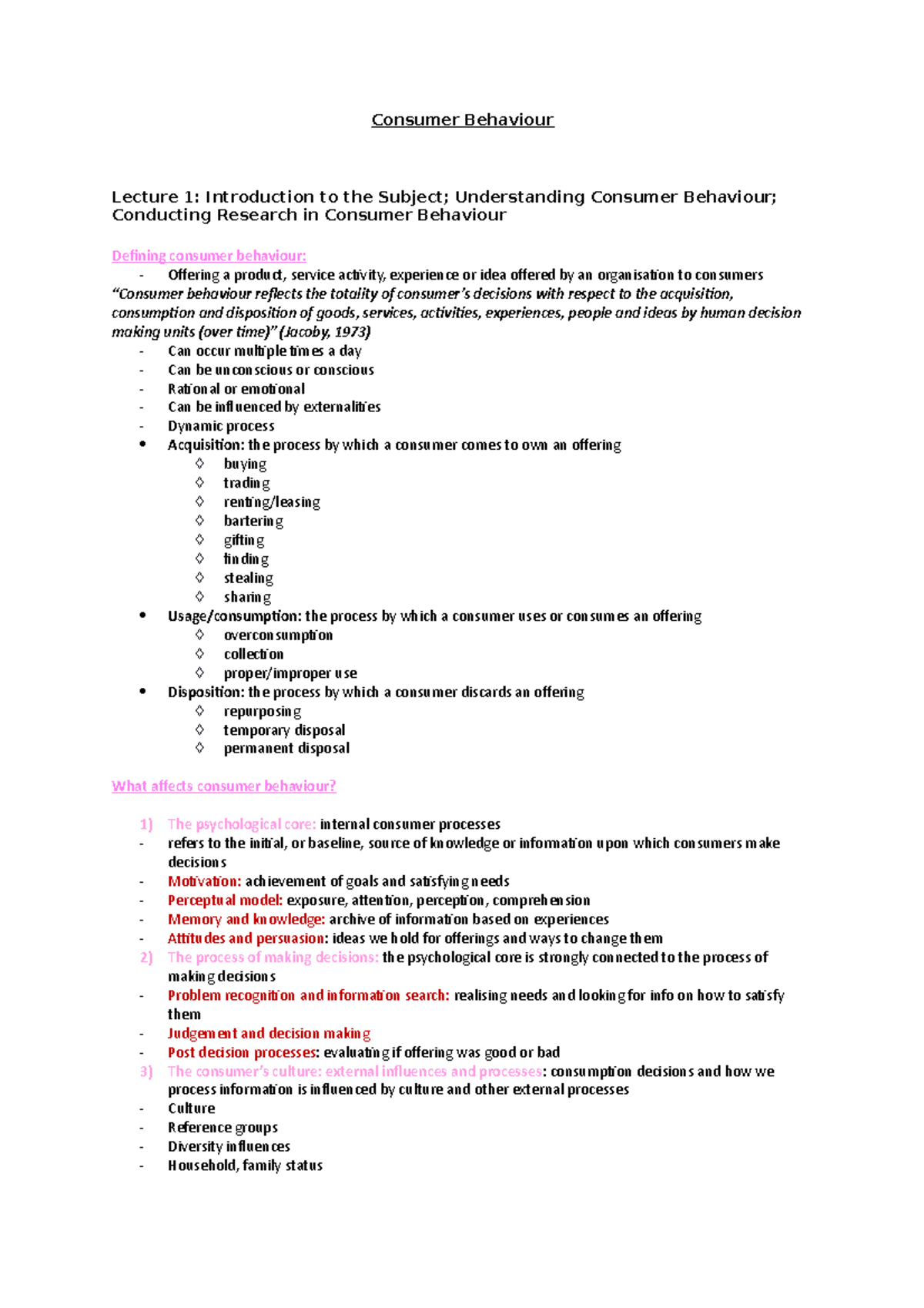 Consumer Behaviour notes DISTINCTION - Consumer Behaviour Lecture 1 ...