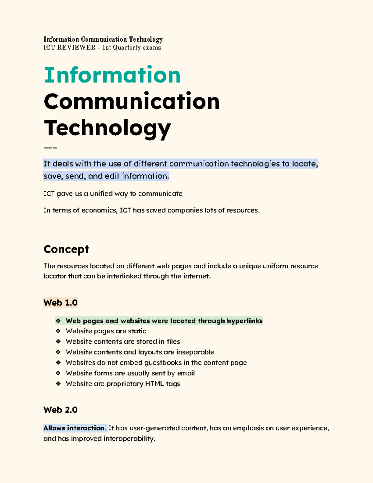 ICT - shs - Information Communication Technology ICT REVIEWER - 1st ...