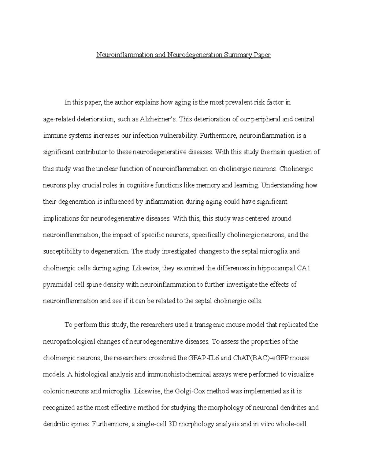 Neuro paper - Neuroinflammation and Neurodegeneration Summary Paper In ...