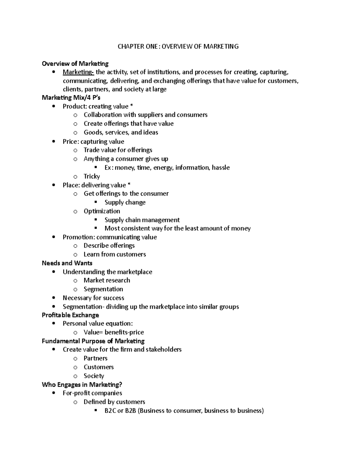 Chapter ONE- Overview OF Marketing - CHAPTER ONE: OVERVIEW OF MARKETING ...