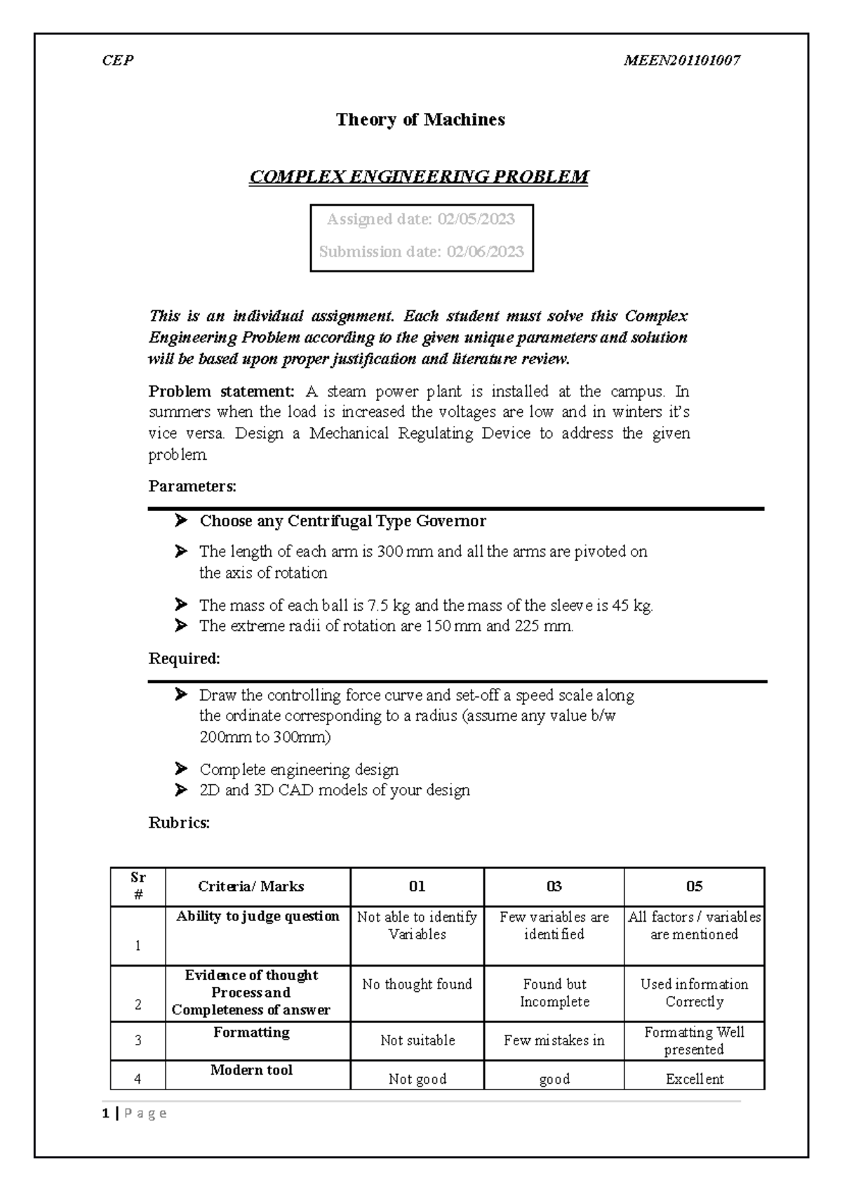 CEP TOM - Theory of Machines COMPLEX ENGINEERING PROBLEM Assigned date: 02/05/ Submission date ...